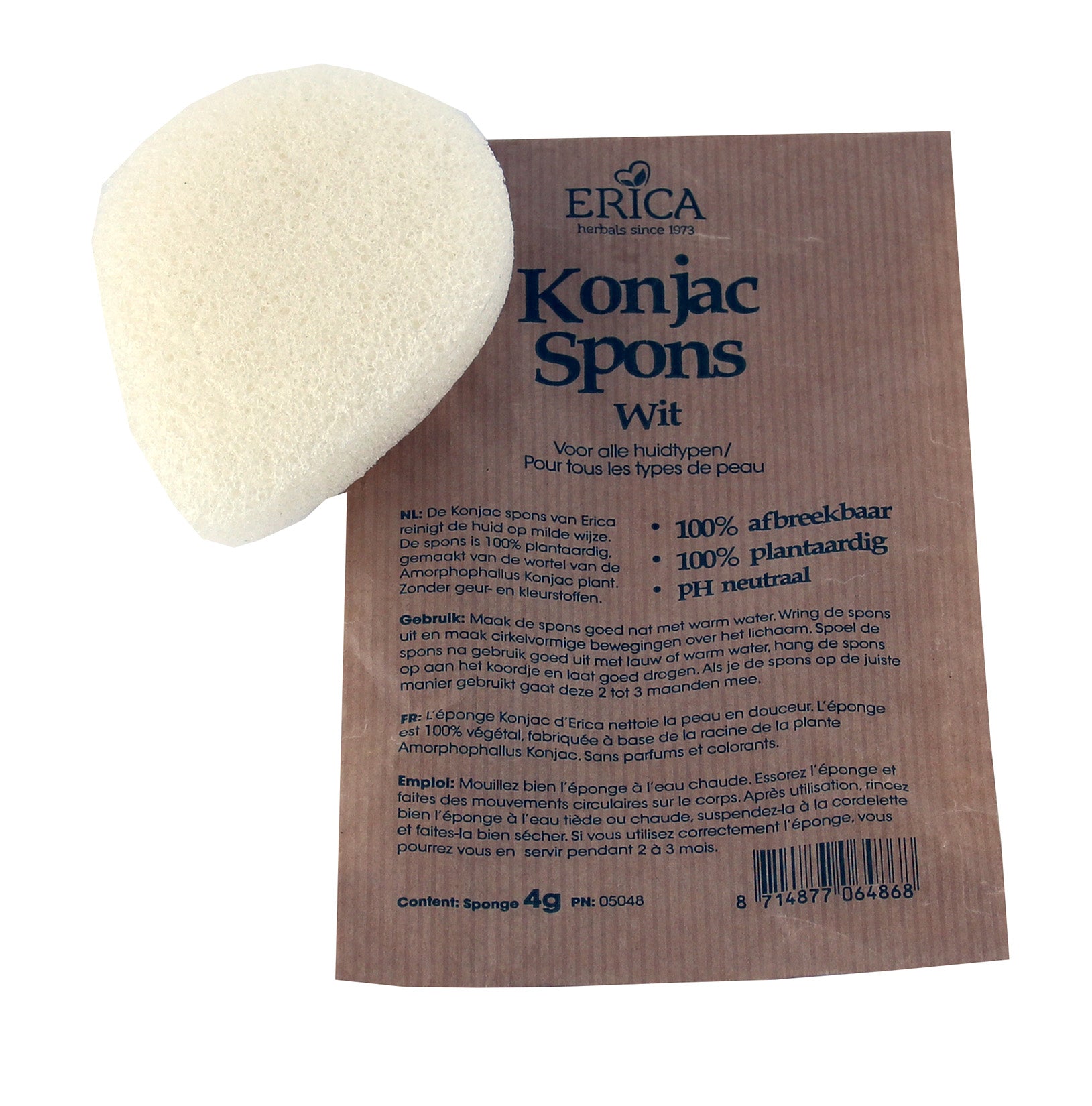 Erica natuurlijke Konjac spons wit - 4 Gram